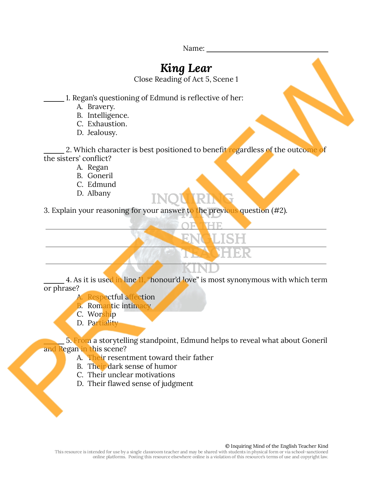 King Lear Act 5 Scene 1 Close Reading Worksheet | Teaching Resources