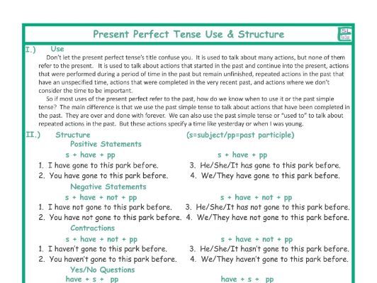 Present Perfect Tense Use Structure | Teaching Resources