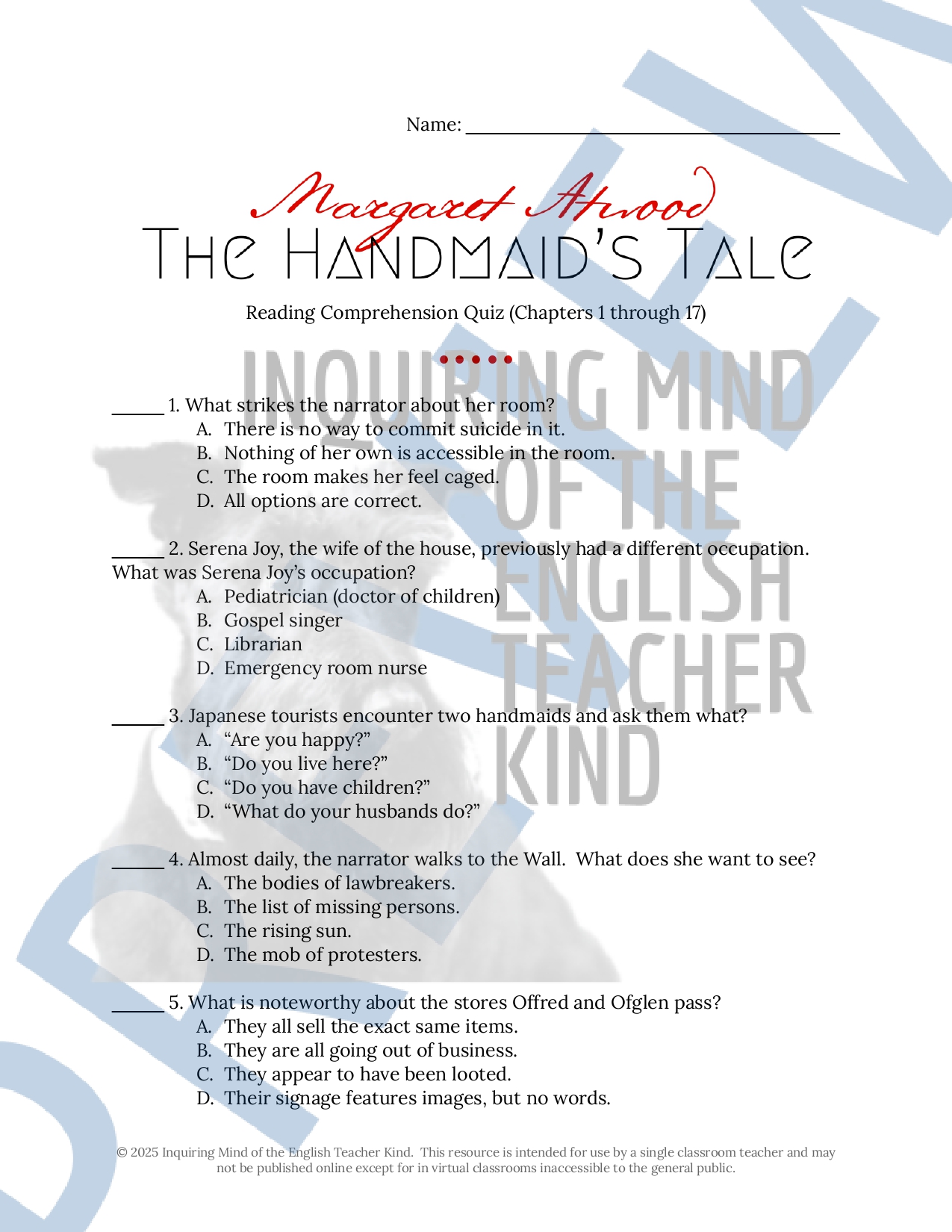 The Handmaid's Tale Chapters 1-17 Quiz and Answer Key | Teaching Resources