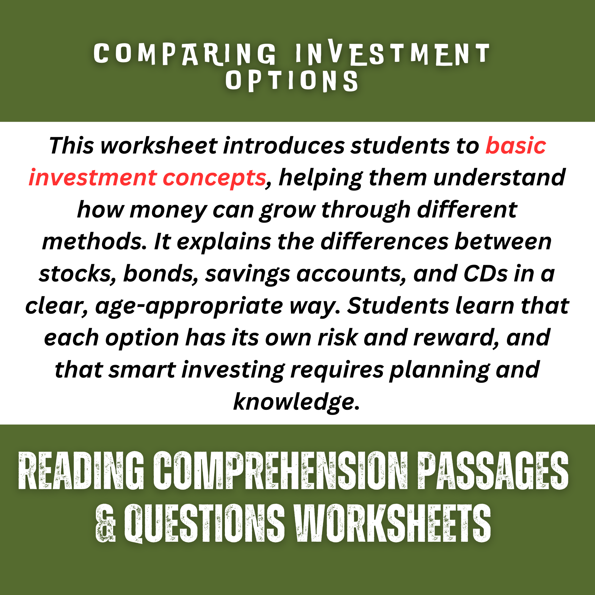 Comparing Investment Options - Economics Reading Worksheet | Teaching ...