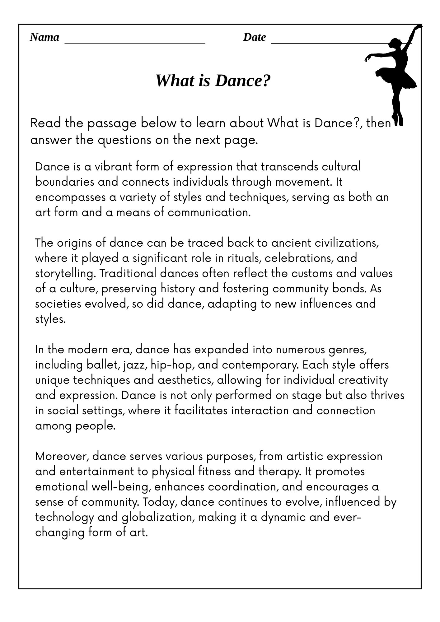What is Dance Reading Comprehension Passages & Questions Worksheets ...