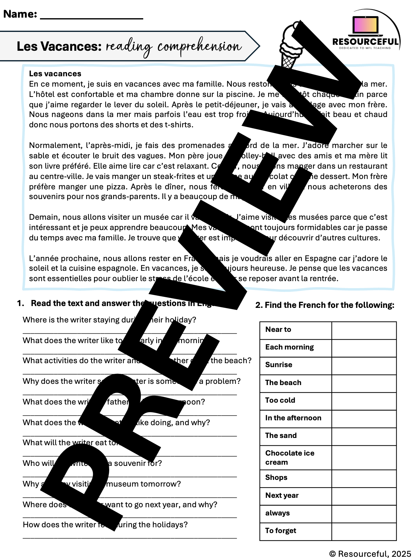 French Les Vacances Holidays Reading Comprehension Worksheets ...