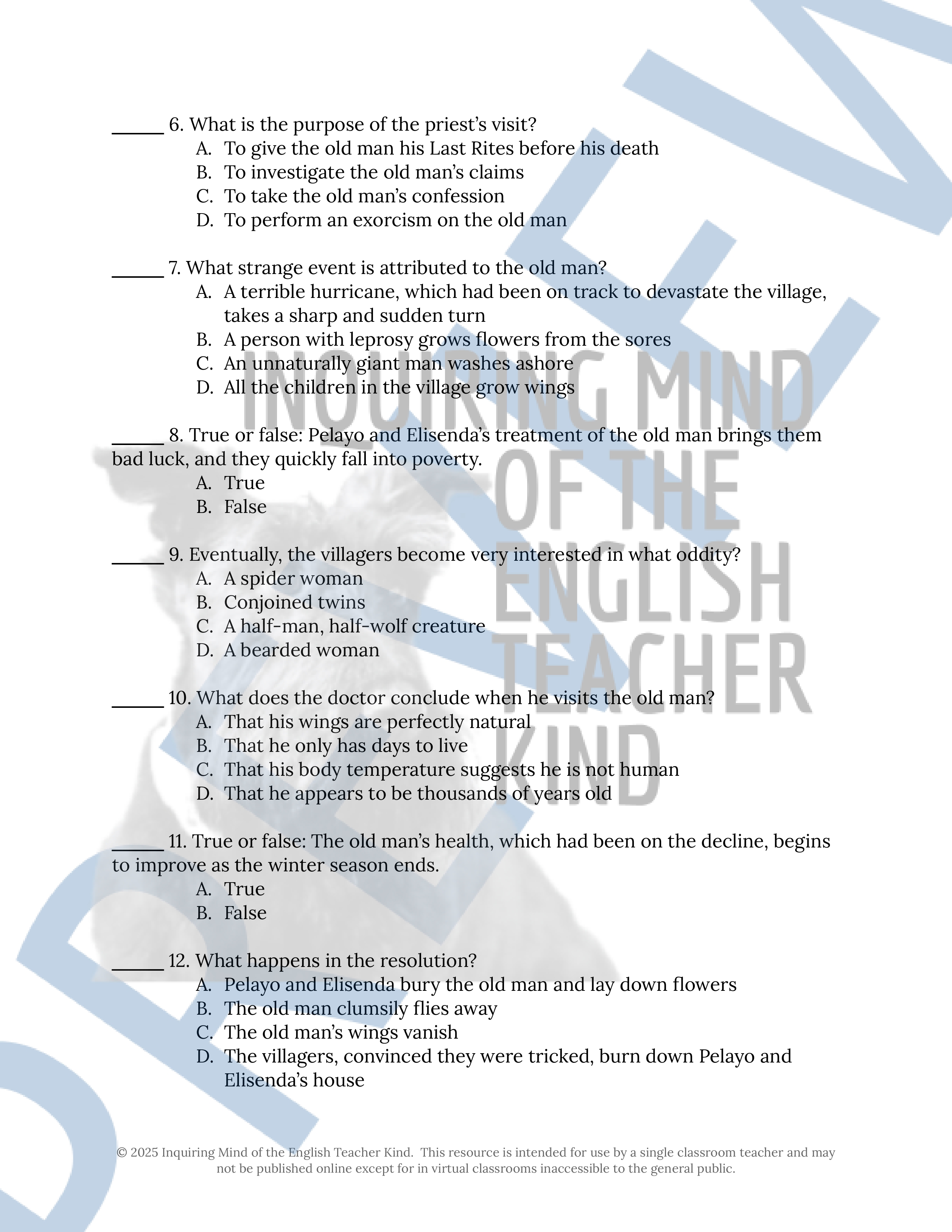 "A Very Old Man with Enormous Wings" by Gabriel Garcia Marquez Quiz and ...