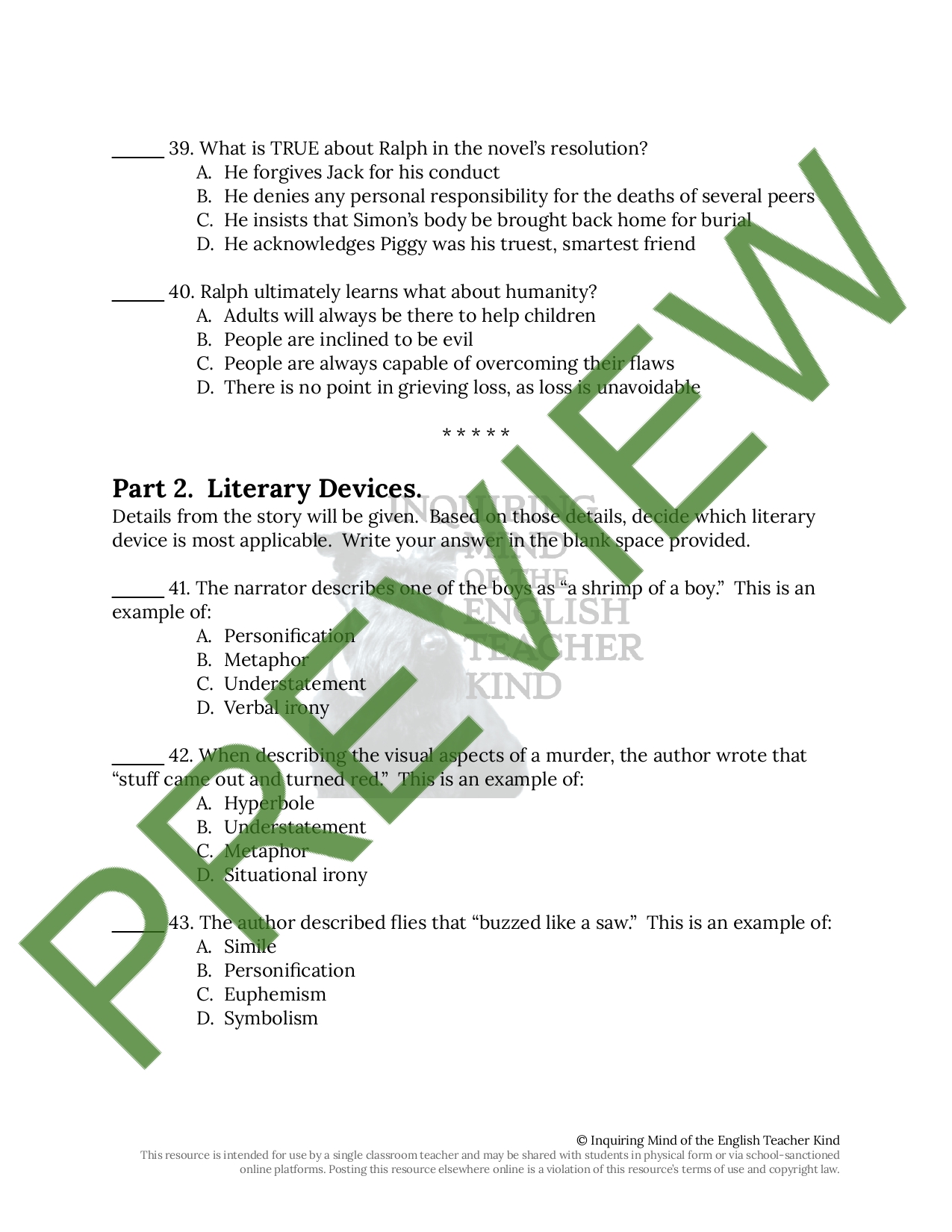 Lord of the Flies Test and Answer Key | Teaching Resources