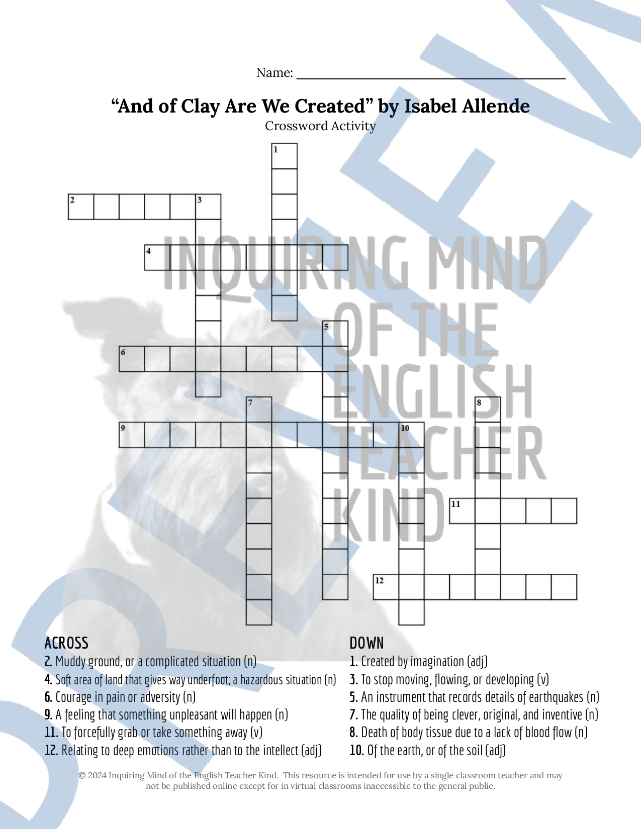 "And of Clay Are We Created" by Isabel Allende Vocabulary Games ...