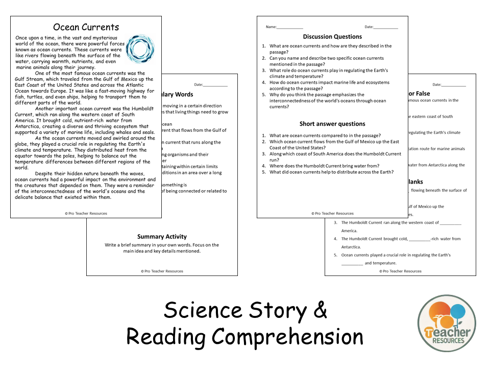 Ocean Currents Reading Science Story Comprehension Questions Worksheet ...