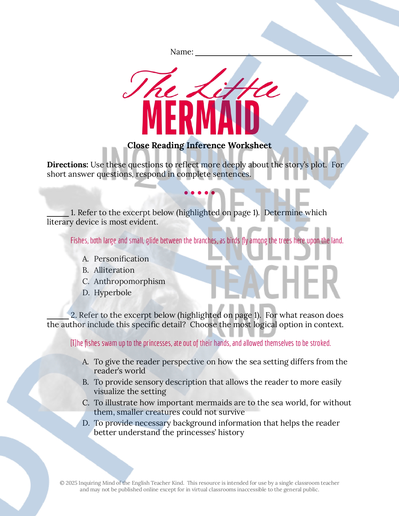 "The Little Mermaid" by Hans Christian Andersen Close Reading Worksheet ...