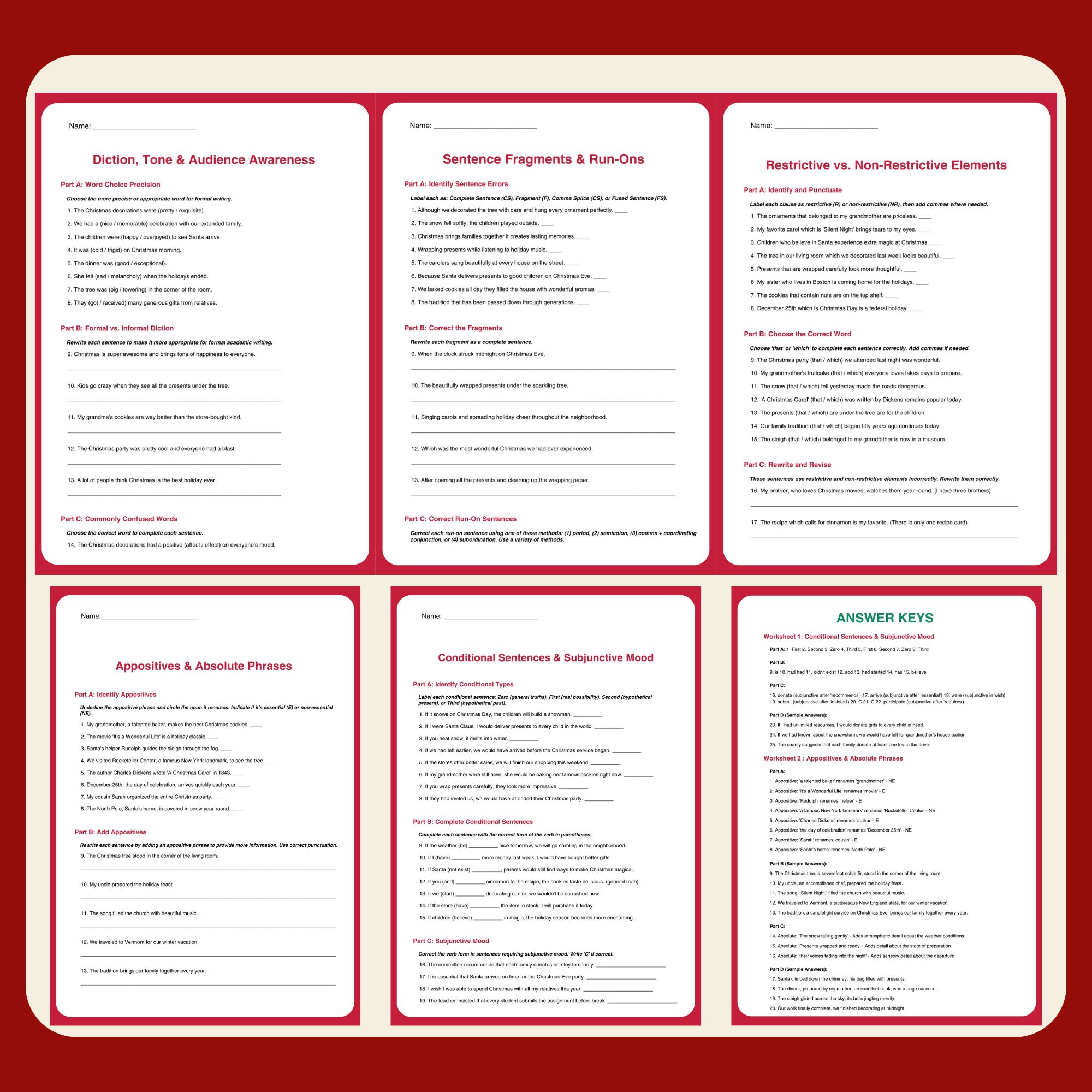 Advanced Christmas Grammar Worksheets | High School ELA Holiday ...