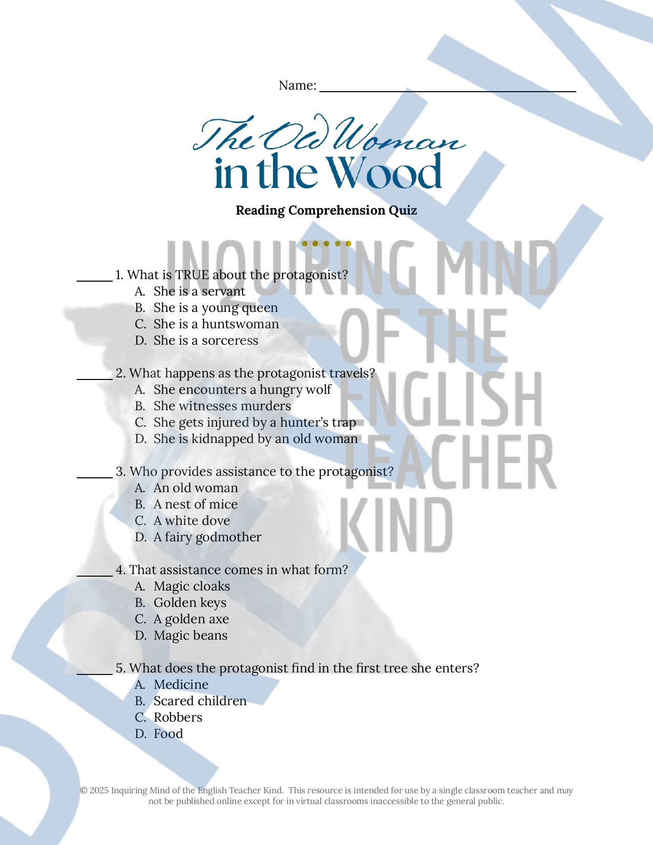 "The Old Woman in the Wood" Quiz and Answer Key (Grimm's Fairy Tales ...