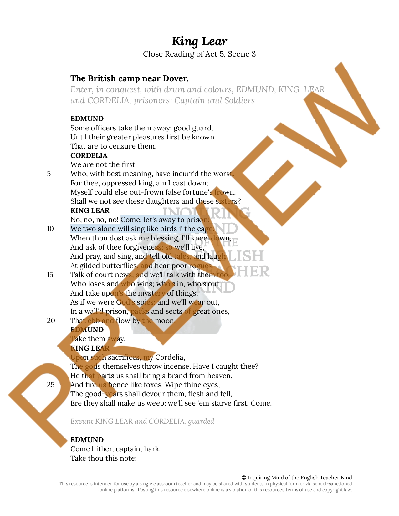 King Lear Act 5 Scene 3 Close Reading Worksheet | Teaching Resources