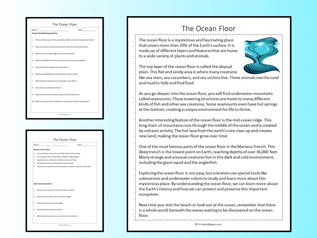 The Ocean Floor Reading Comprehension Passage Printable Worksheet ...