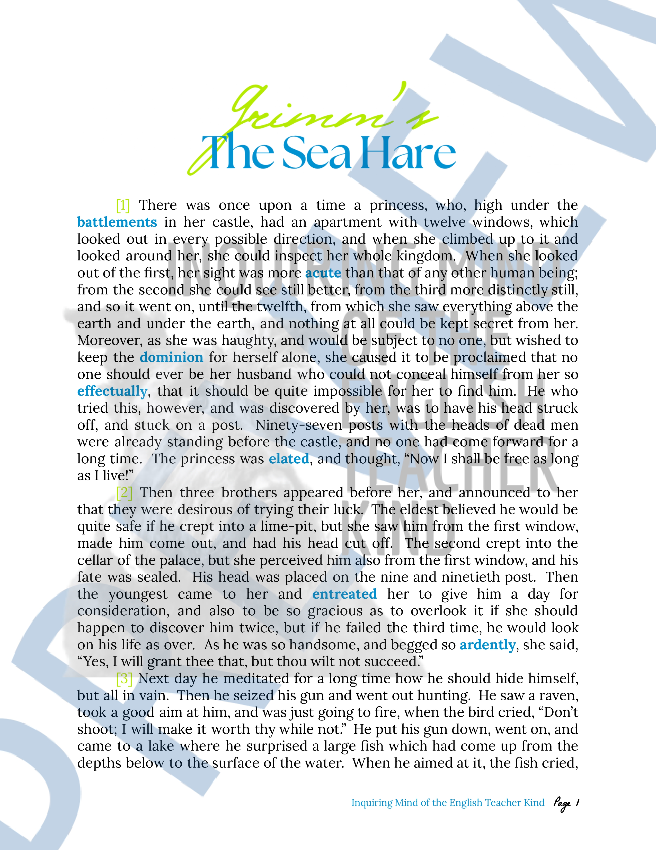 "The Sea Hare" Close Reading Analysis Worksheet | Grimm's Fairy Tale ...
