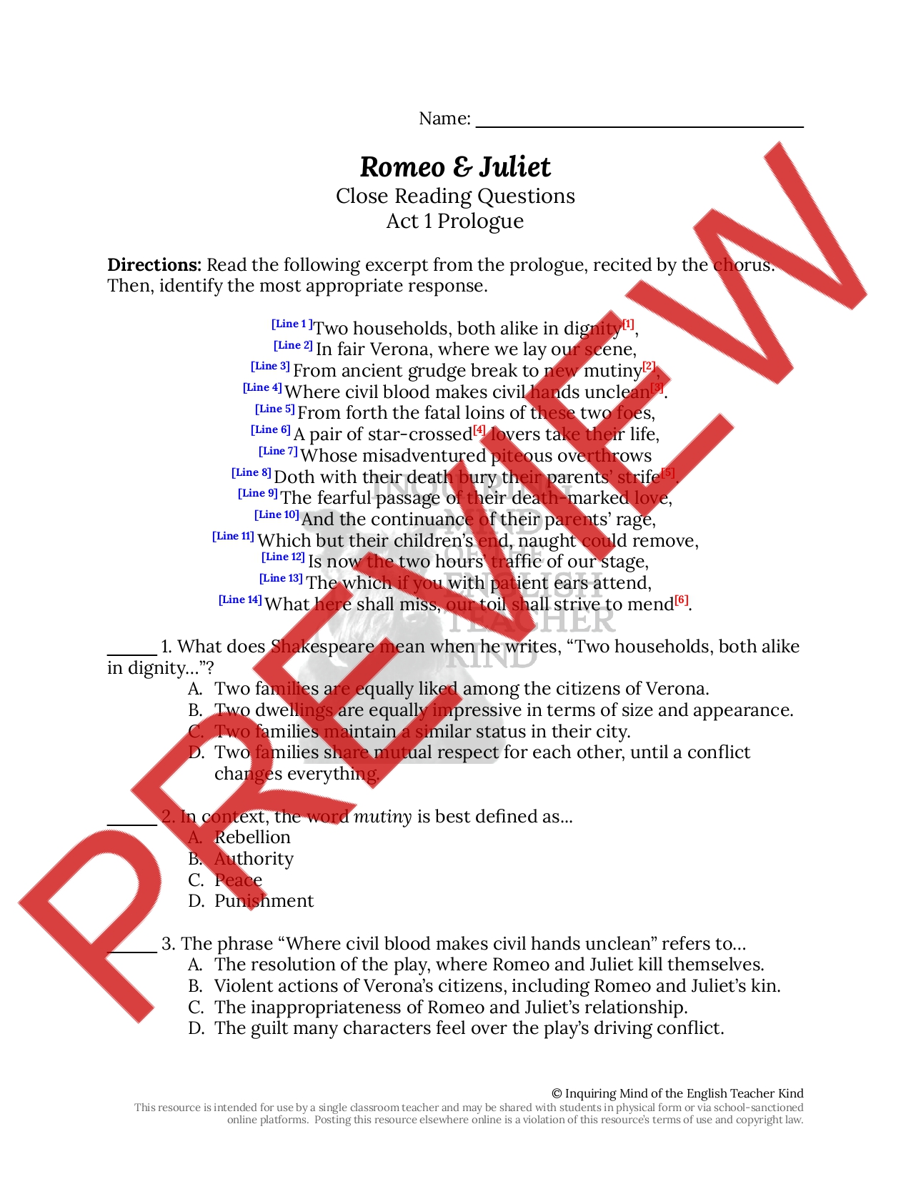 Romeo and Juliet Act 1 Prologue Close Reading Worksheet | Teaching ...