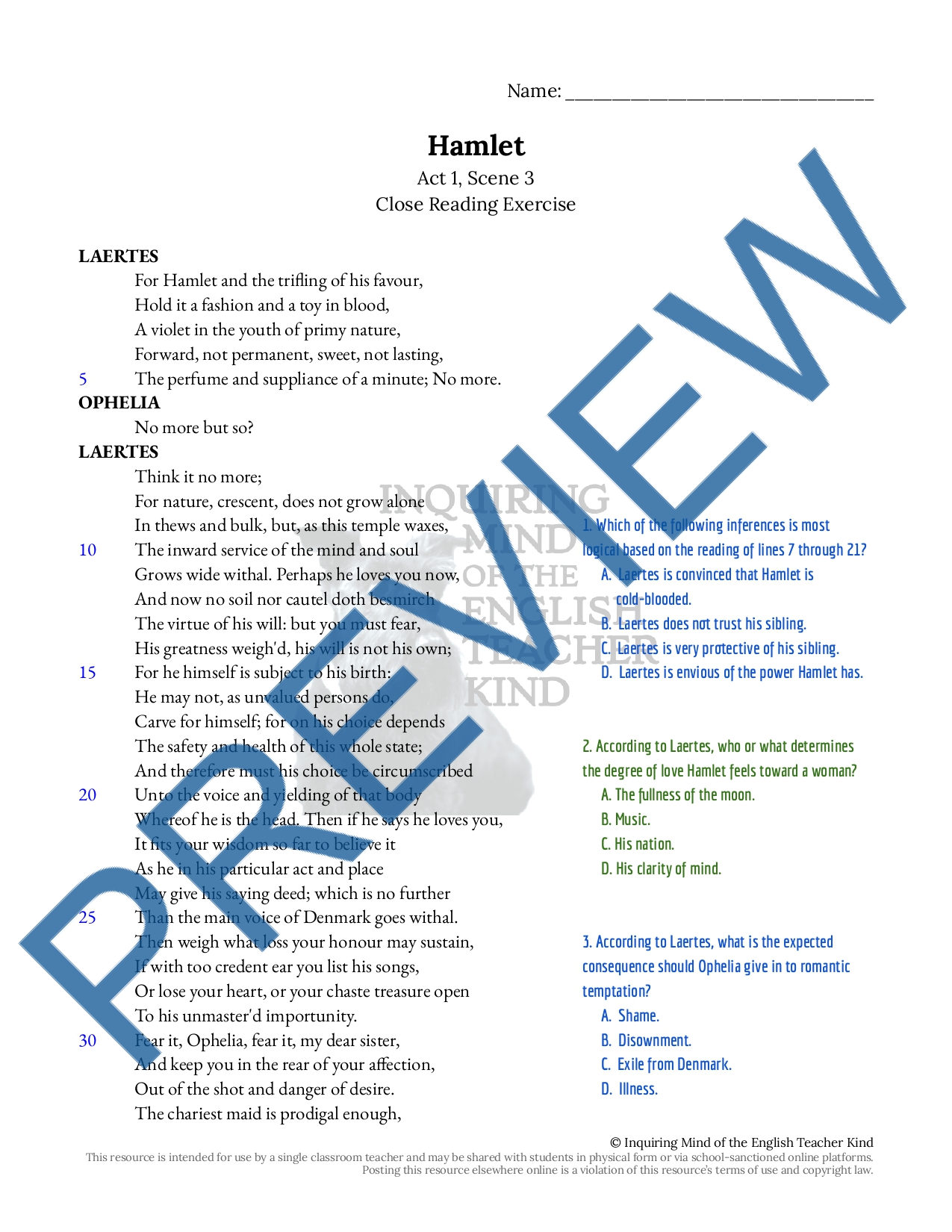 Hamlet Act 1 Scene 3 Close Reading Worksheet | Teaching Resources
