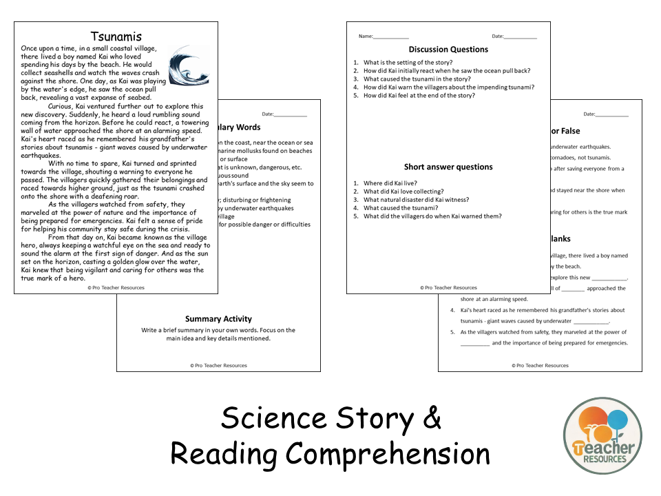 Tsunamis Reading Science Story Comprehension Questions Worksheet ...