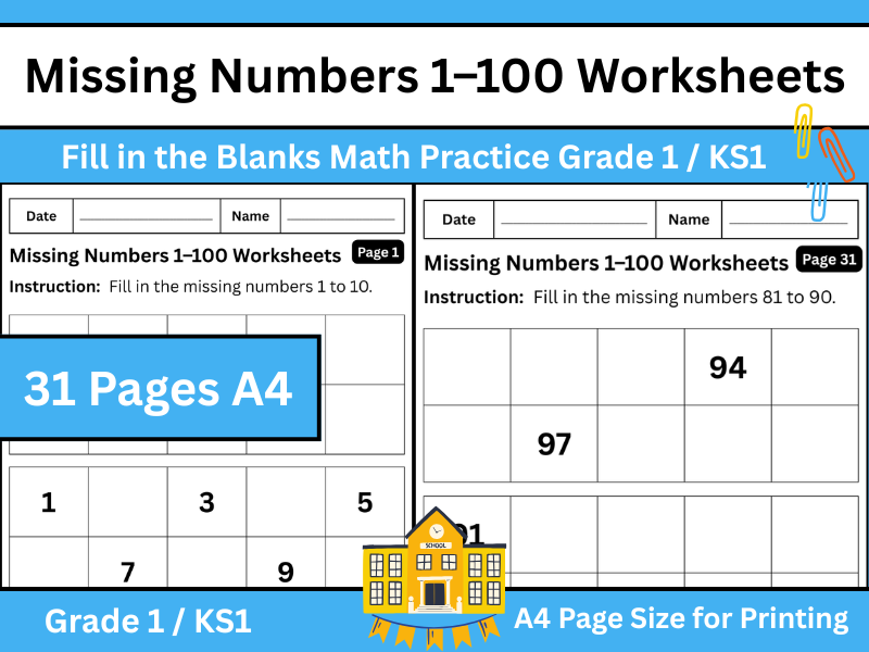 Missing Numbers 1–100 Worksheets | Fill in the Blanks Math Practice for Grade 1 / KS1 | Teaching ...