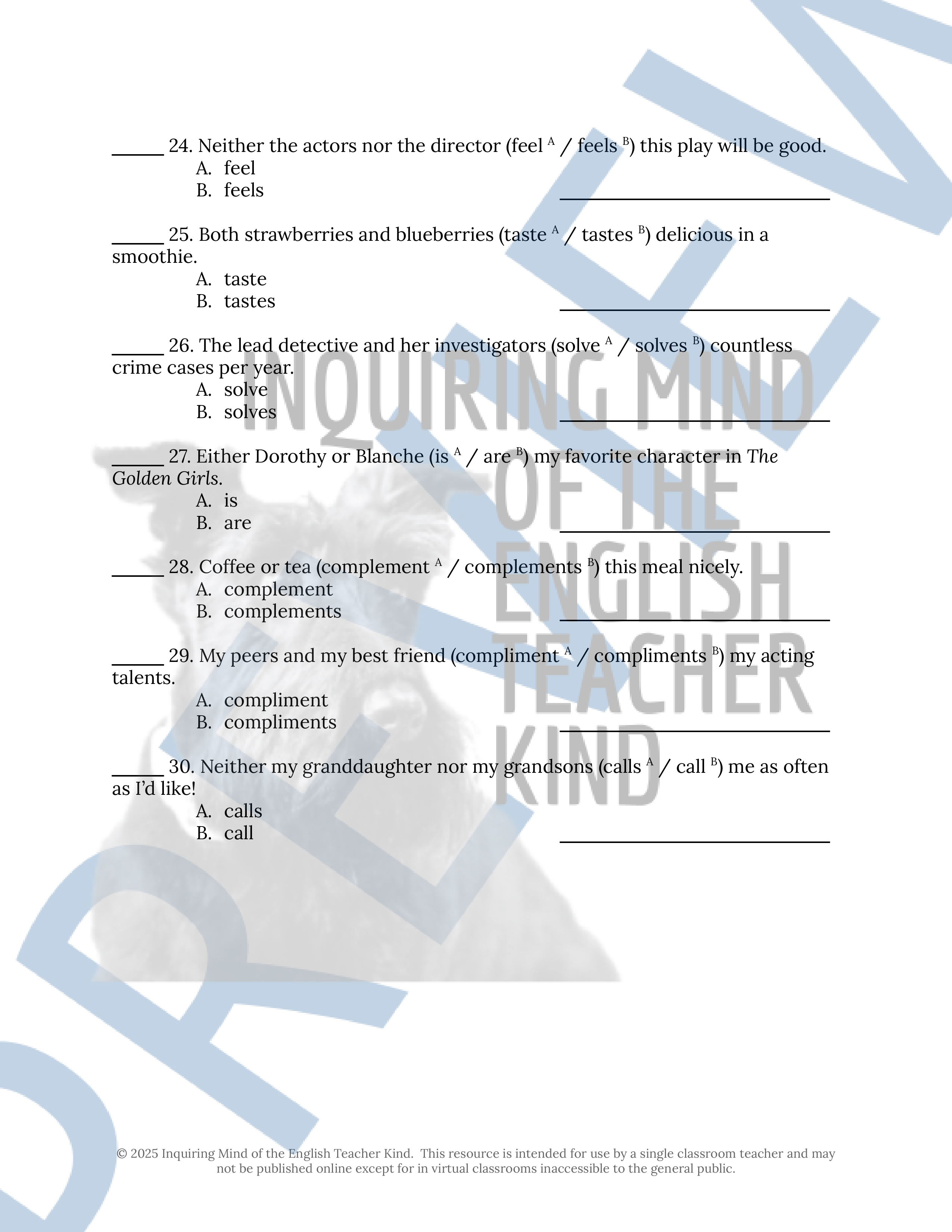 Grammar Review Worksheet on Compound Subjects and Verb Agreement ...