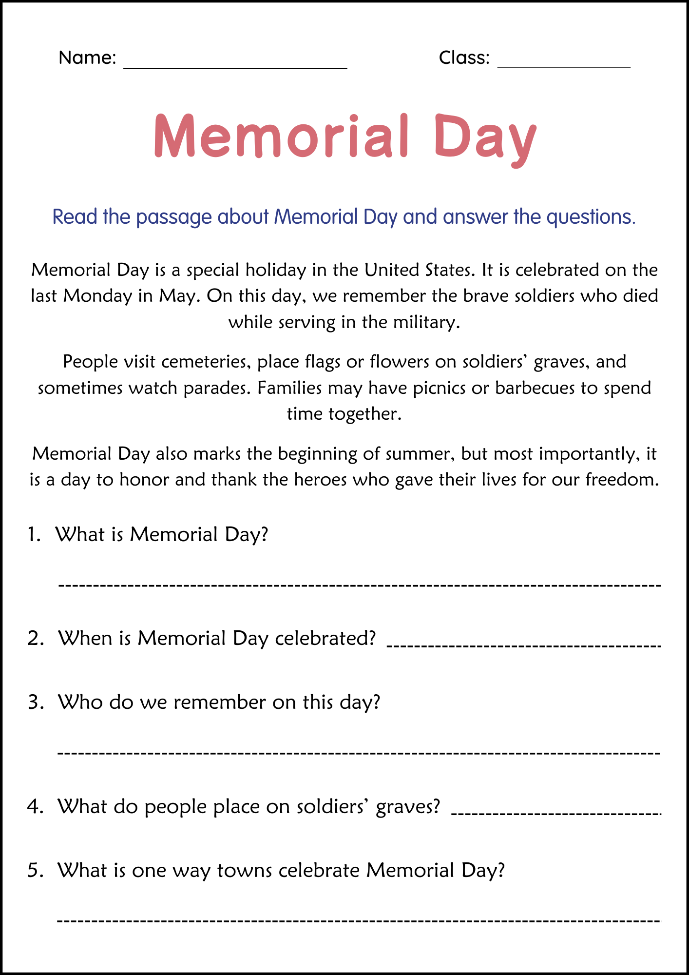 Printable Memorial Day - Passage and Questions Activity Worksheets for ...
