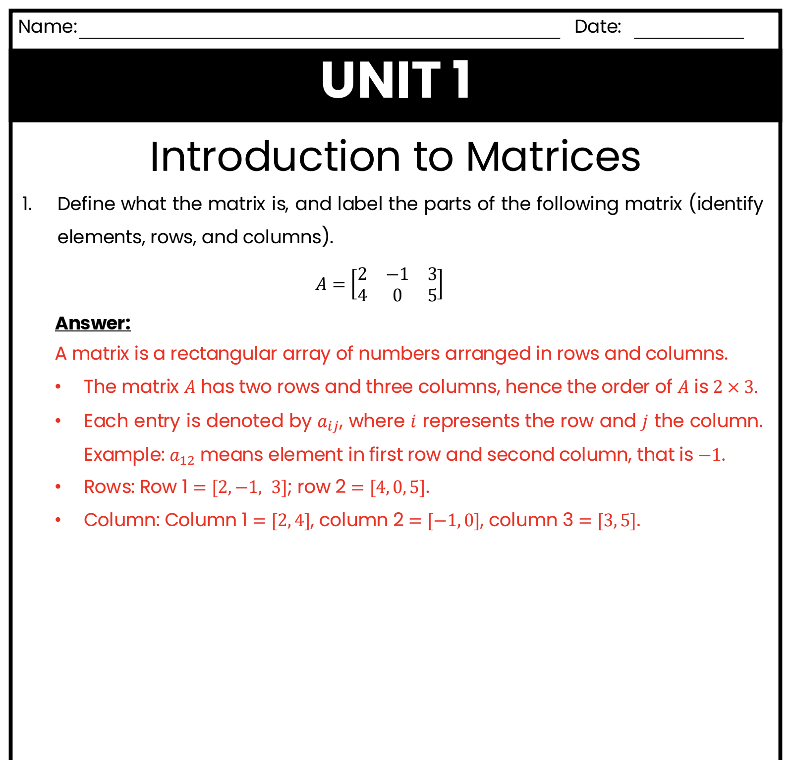 IB Math AI Worksheet AHL 1.14 - Introduction to Matrices | Teaching ...