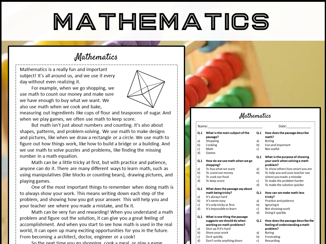 Mathematics Reading Comprehension Passage And Questions PDF