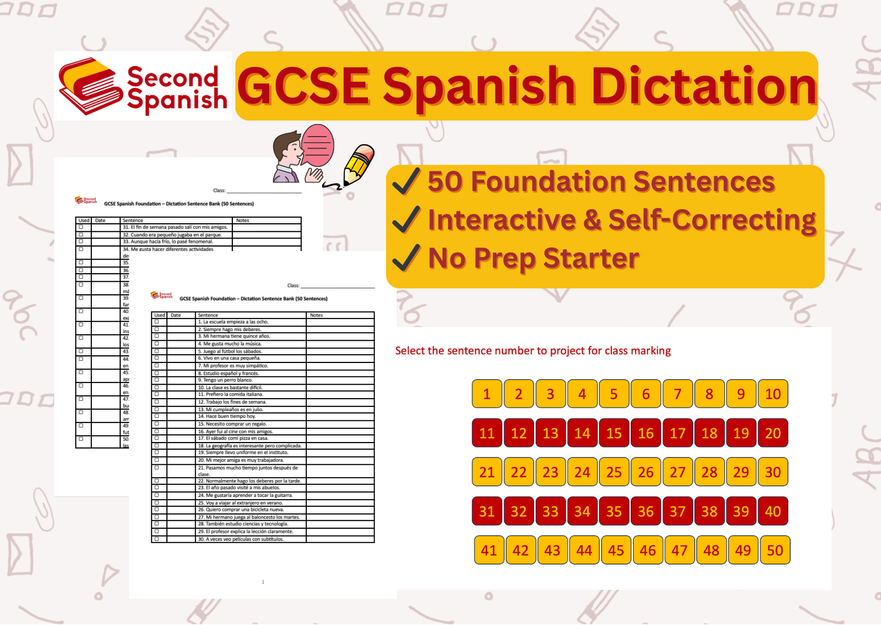 GCSE F Spanish Dictation – 50 Sentences | Teaching Resources