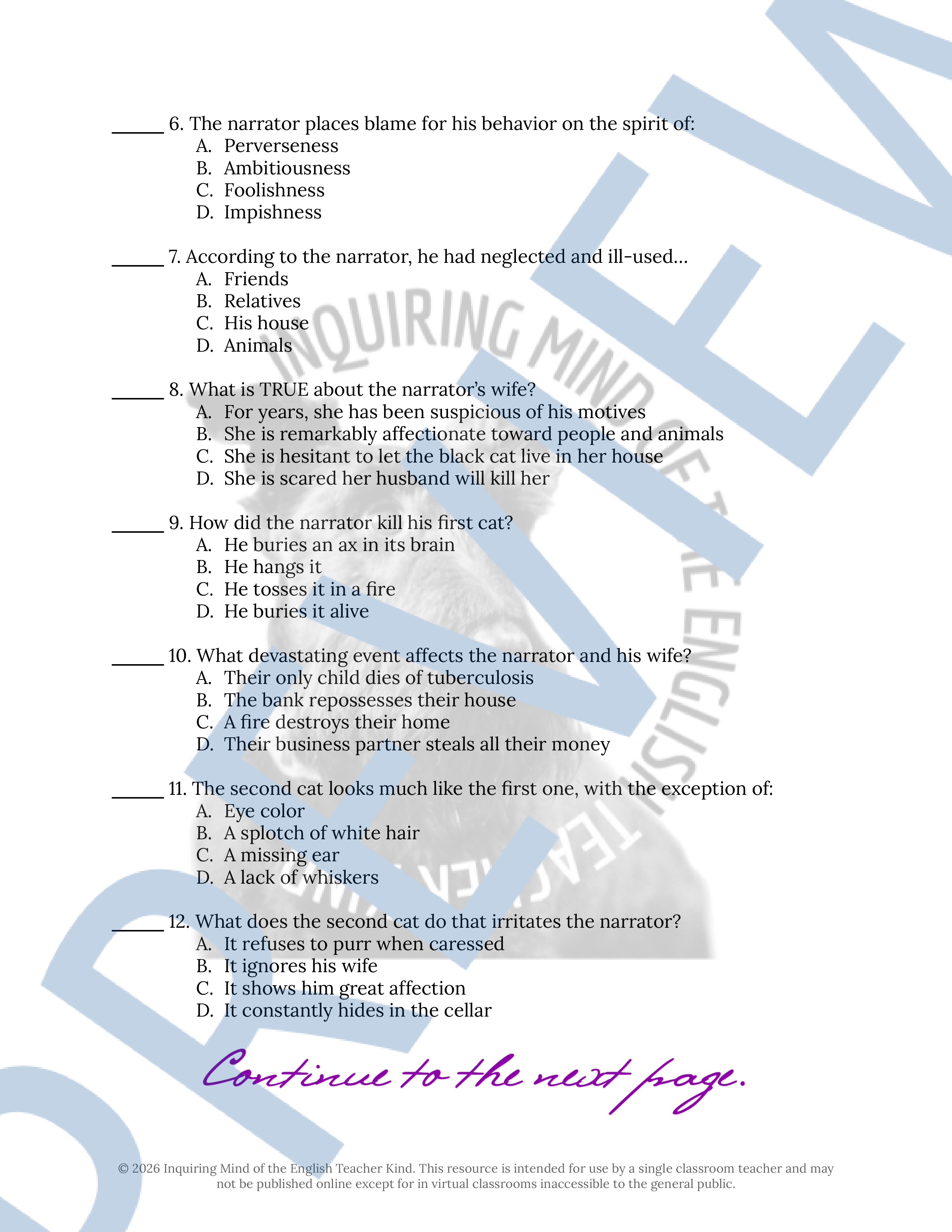 “The Black Cat” by Edgar Allan Poe Quiz and Answer Key | Teaching Resources