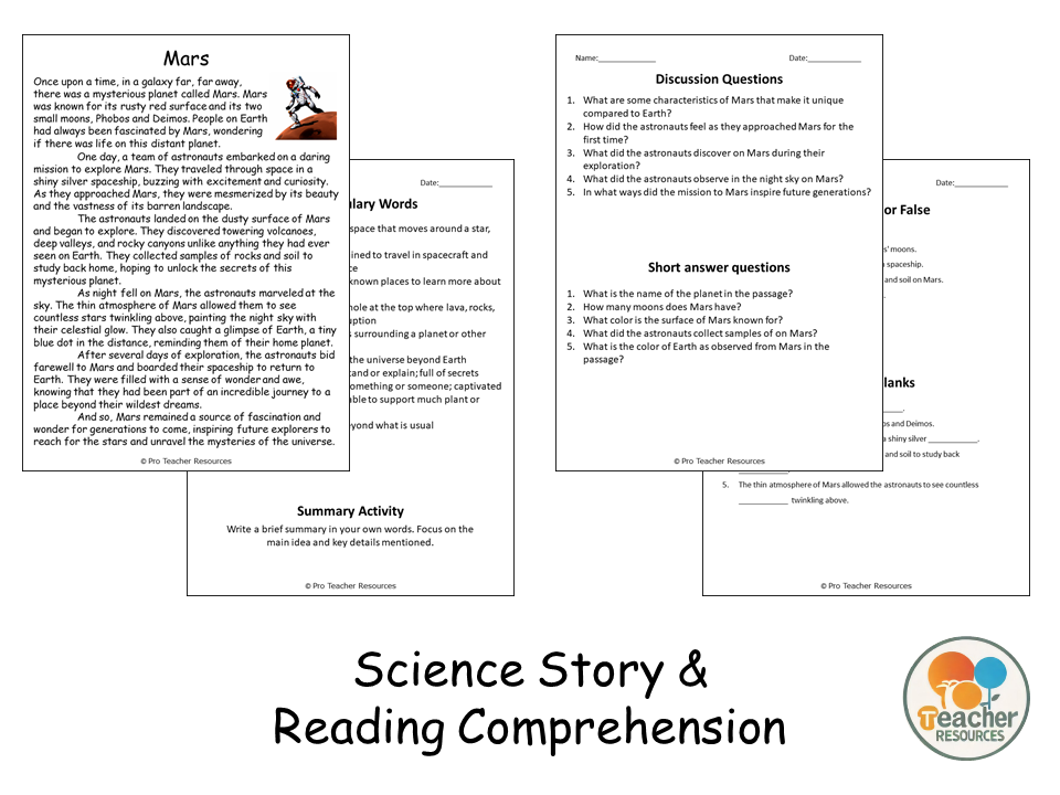 Mars Reading Science Story Comprehension Questions Worksheet | Teaching ...