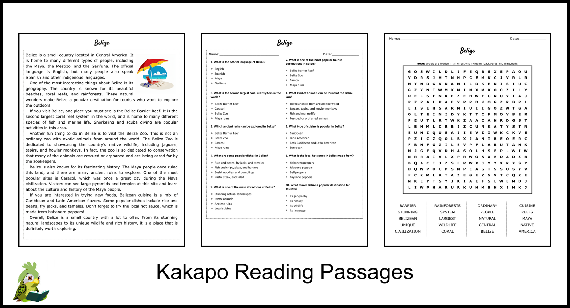 Belize Reading Comprehension and Word Search | Teaching Resources