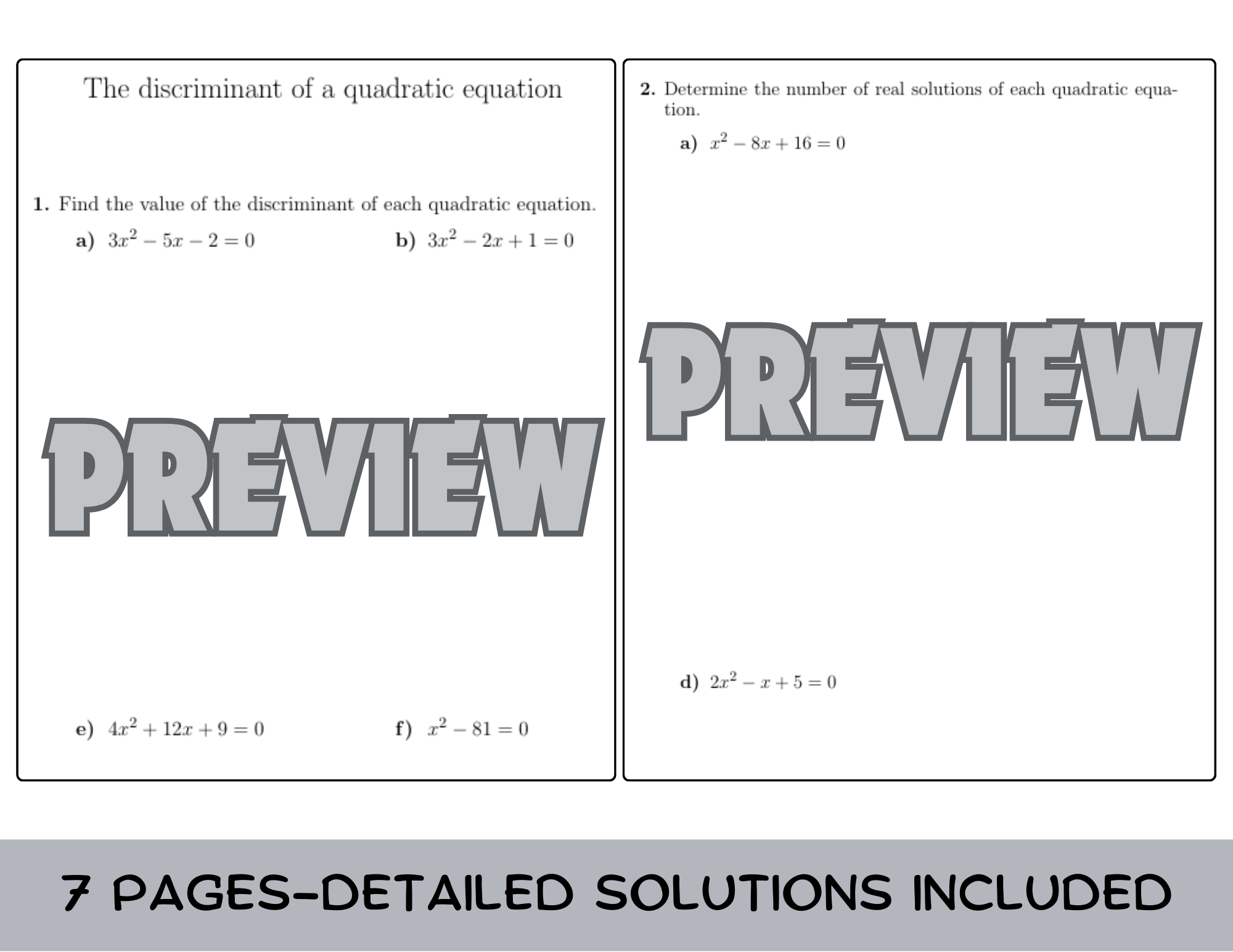 The discriminant of a quadratic equation worksheet (with solutions ...
