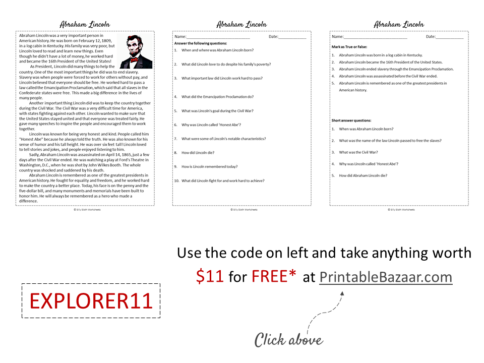 Abraham Lincoln Biography Reading Comprehension Passage Printable ...
