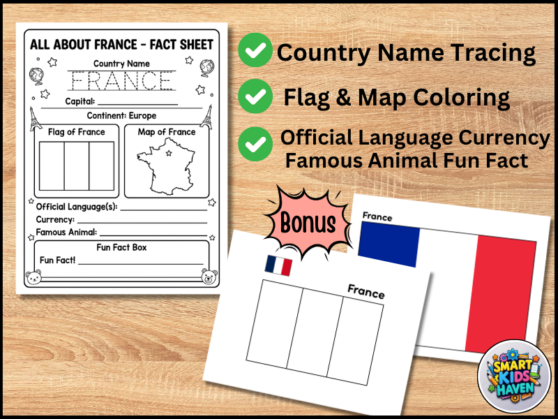 France Map and Flag Country Study Research Project Geography Worksheet ...