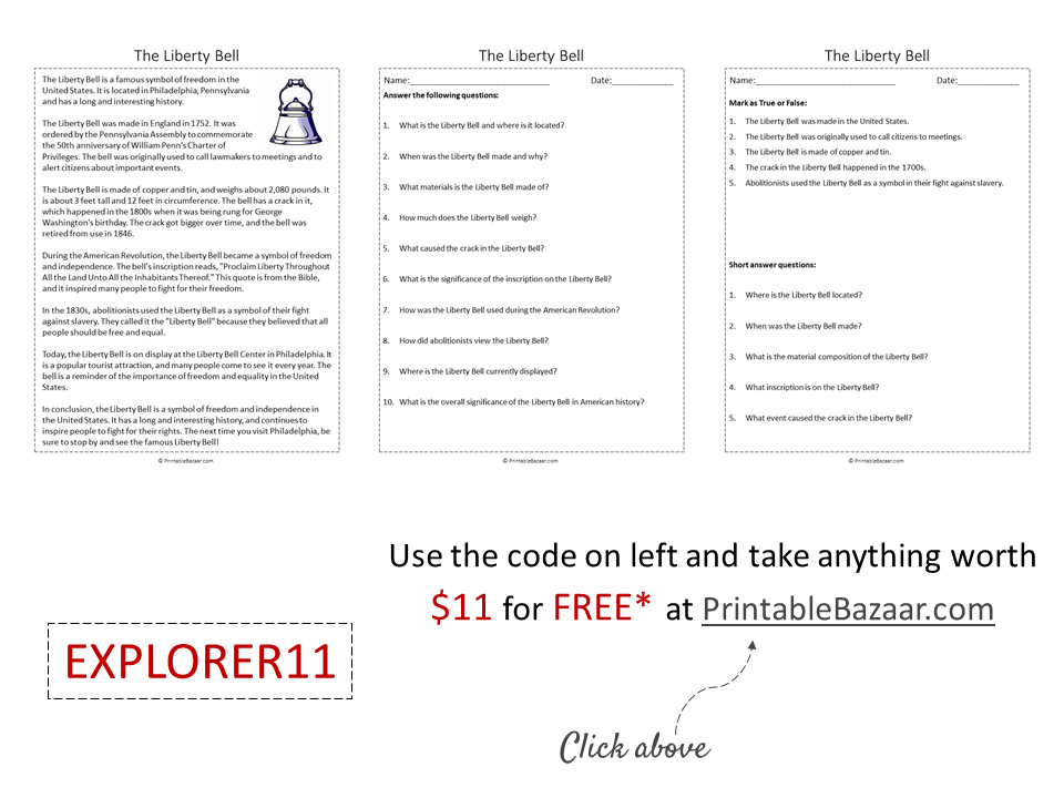 The Liberty Bell Reading Comprehension Passage Printable Worksheet ...