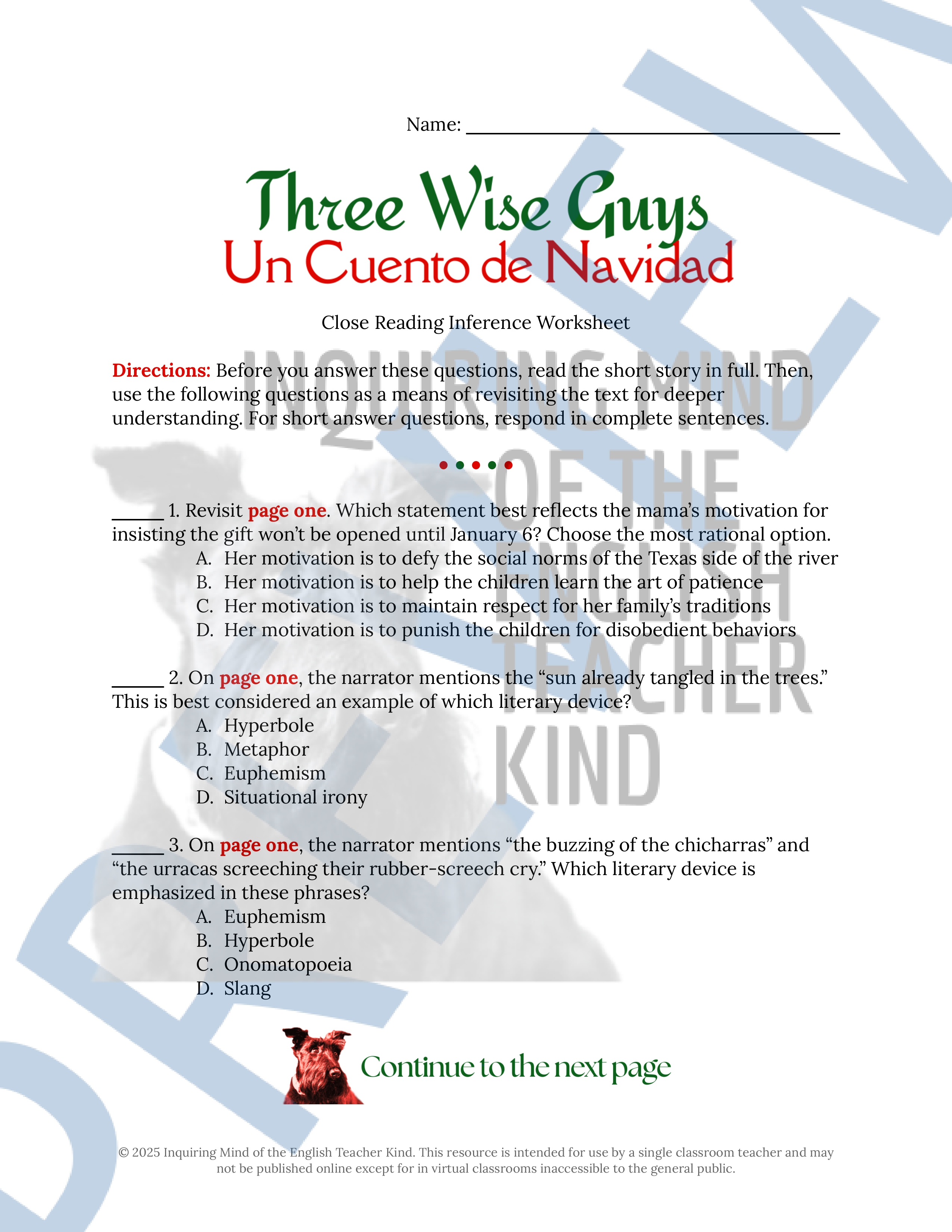 "Three Wise Guys" by Sandra Cisneros Analysis Worksheet | Christmas ...