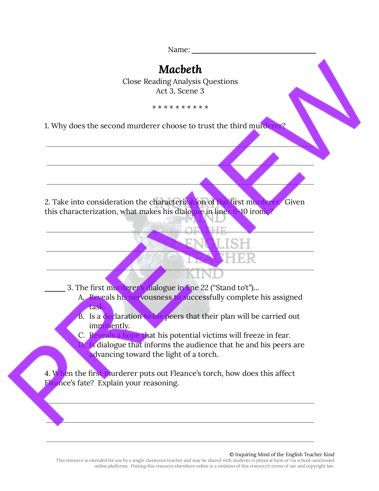 Macbeth Act 3 Scene 3 Close Reading Worksheet | Teaching Resources