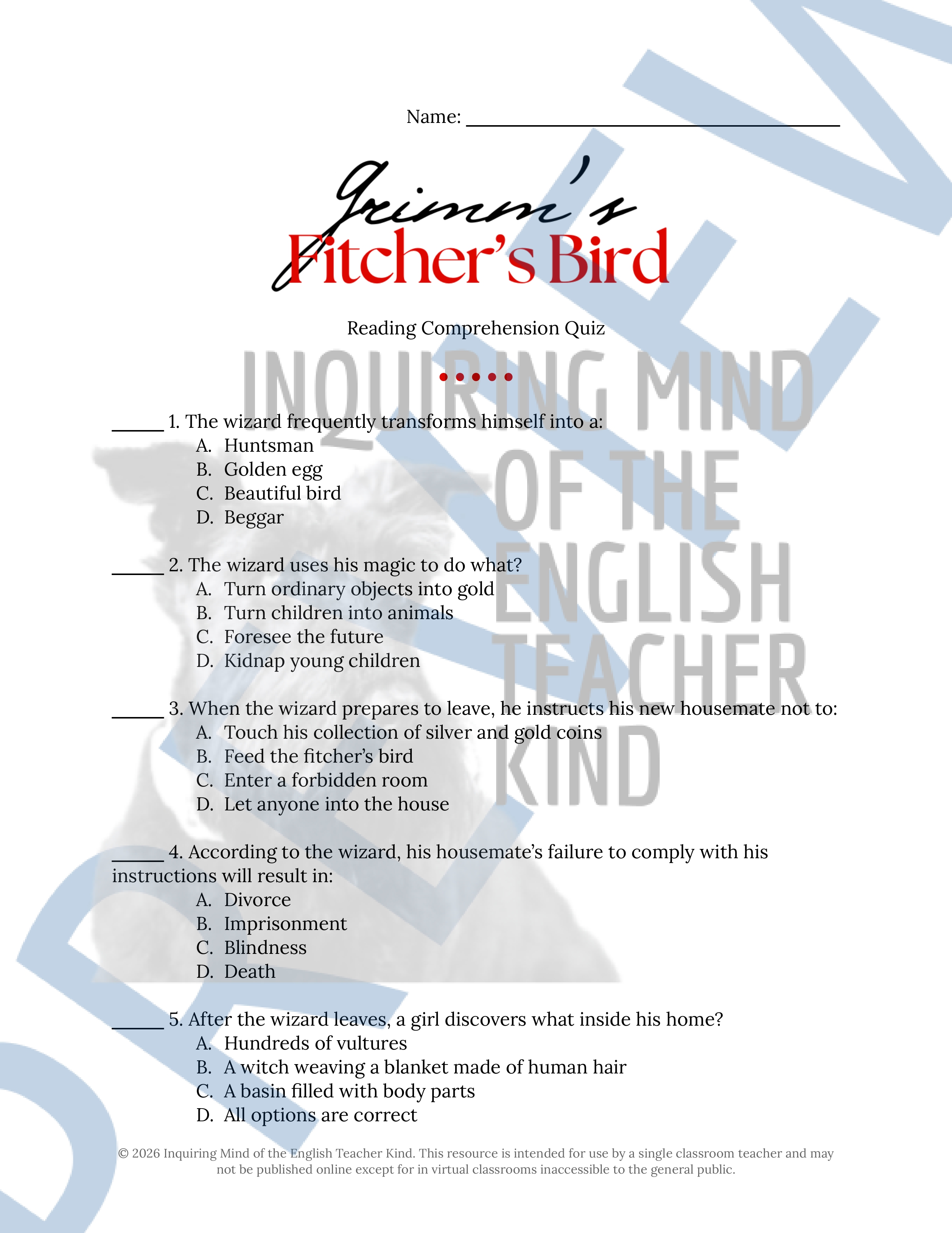 "Fitcher's Bird" Quiz and Answer Key | Brothers Grimm Fairy Tale ...