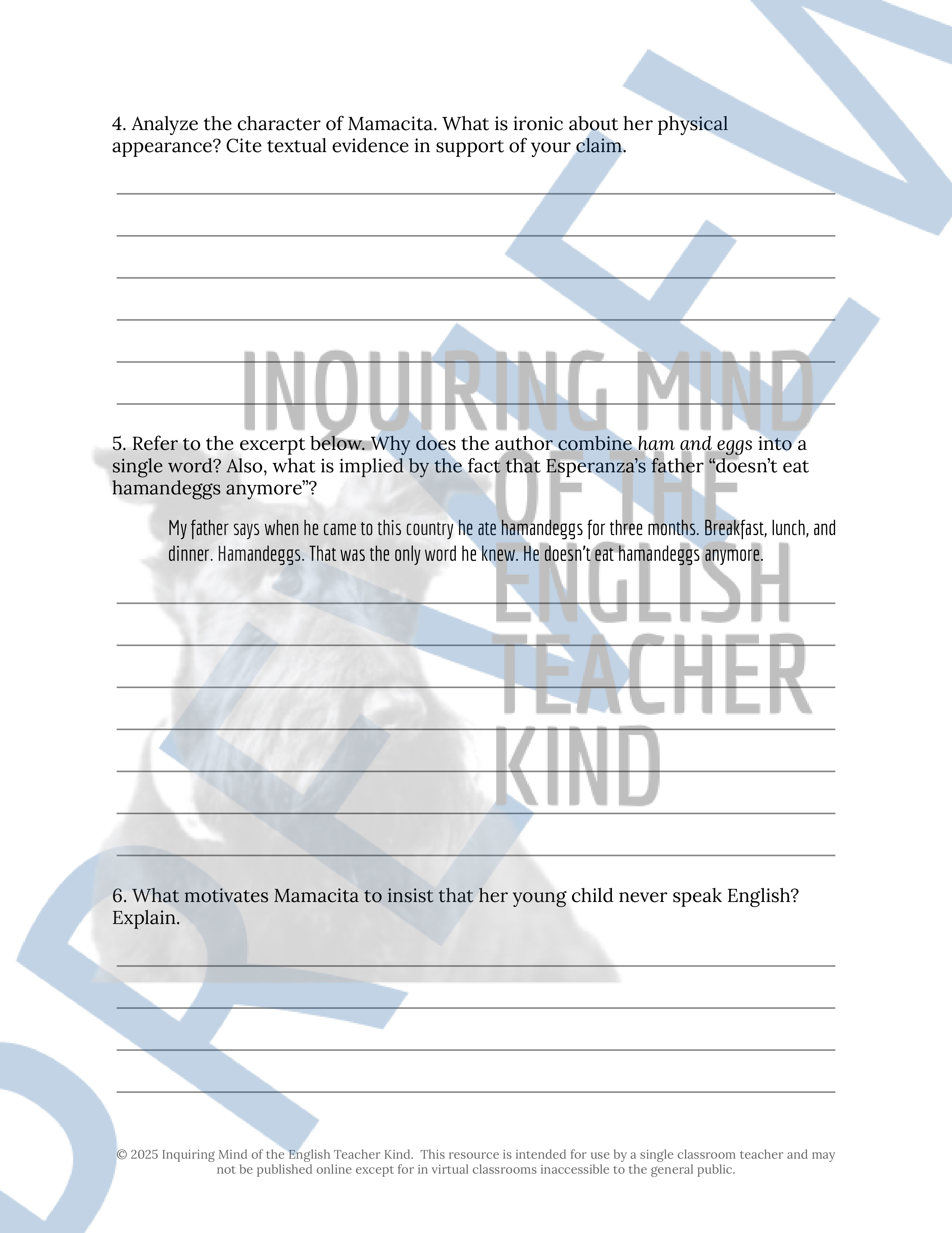 The House on Mango Street "No Speak English" Close Reading Inference ...