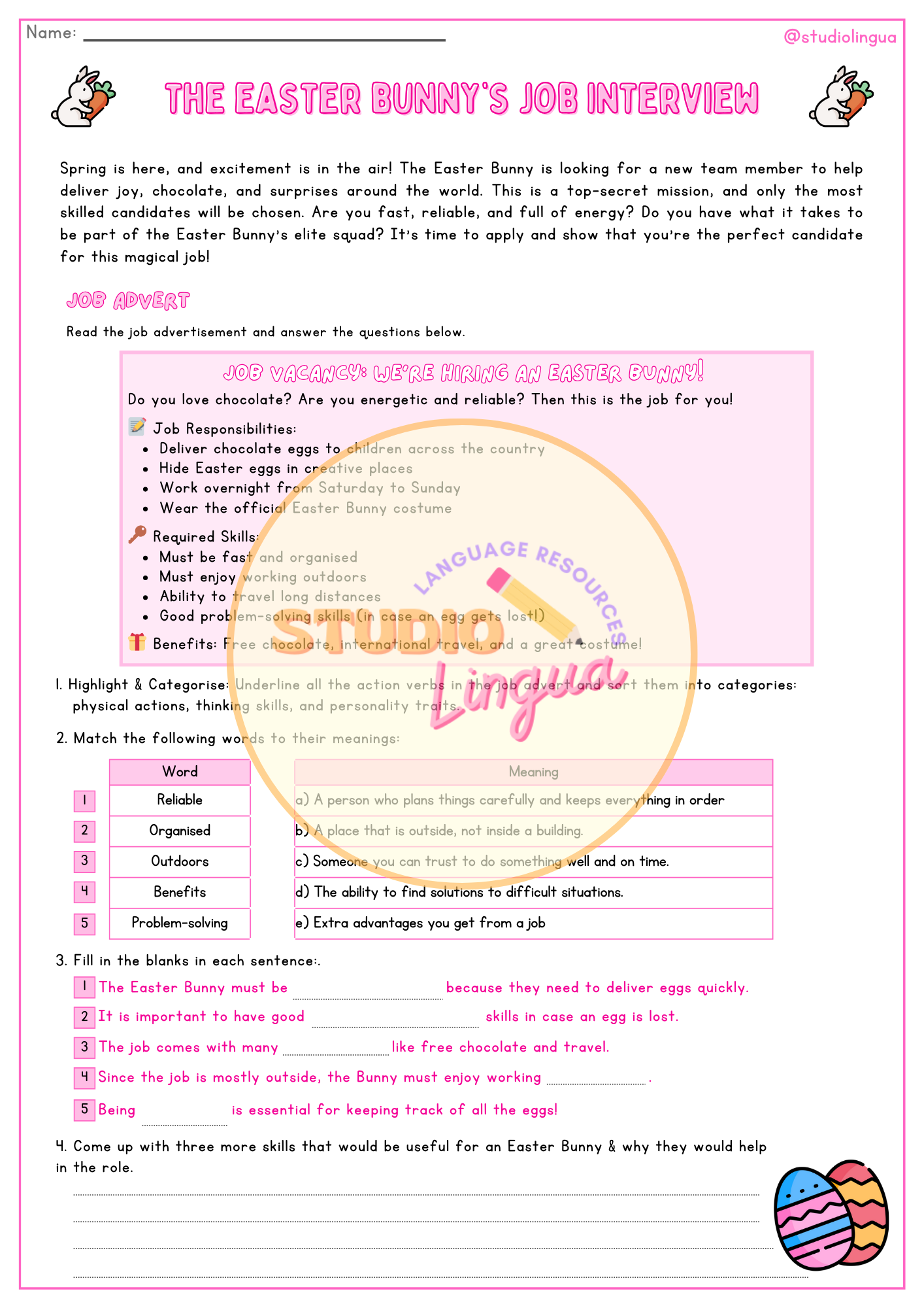 Easter Bunny Job Application | TEFL/ESL/TESOL Writing Activity ...