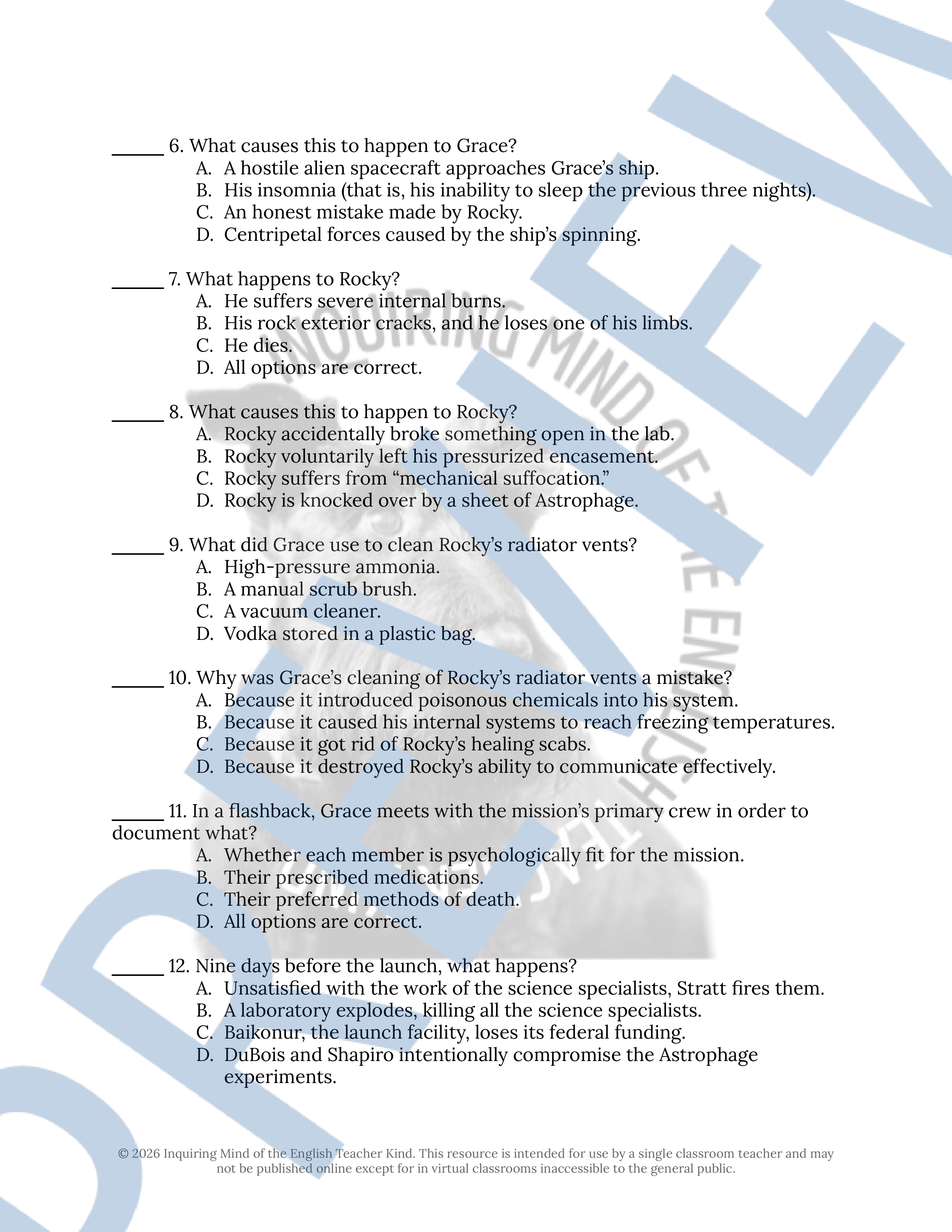 Project Hail Mary Chapters 19, 20, and 21 Quiz and Answer Key | Science ...