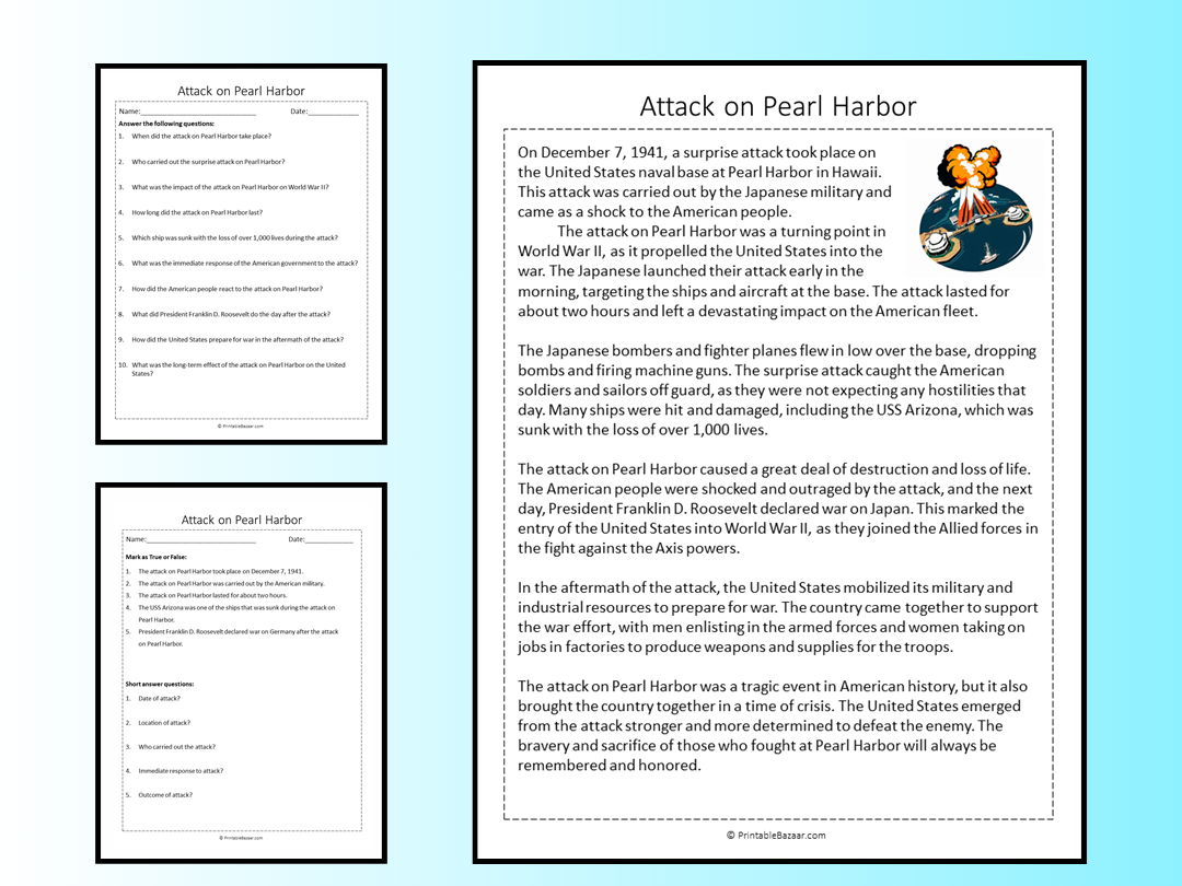 Attack on Pearl Harbor Reading Comprehension Passage Printable ...