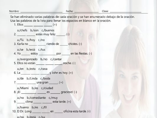 Present Simple with Verbs Estar and Ser Missing Words Spanish Worksheet ...
