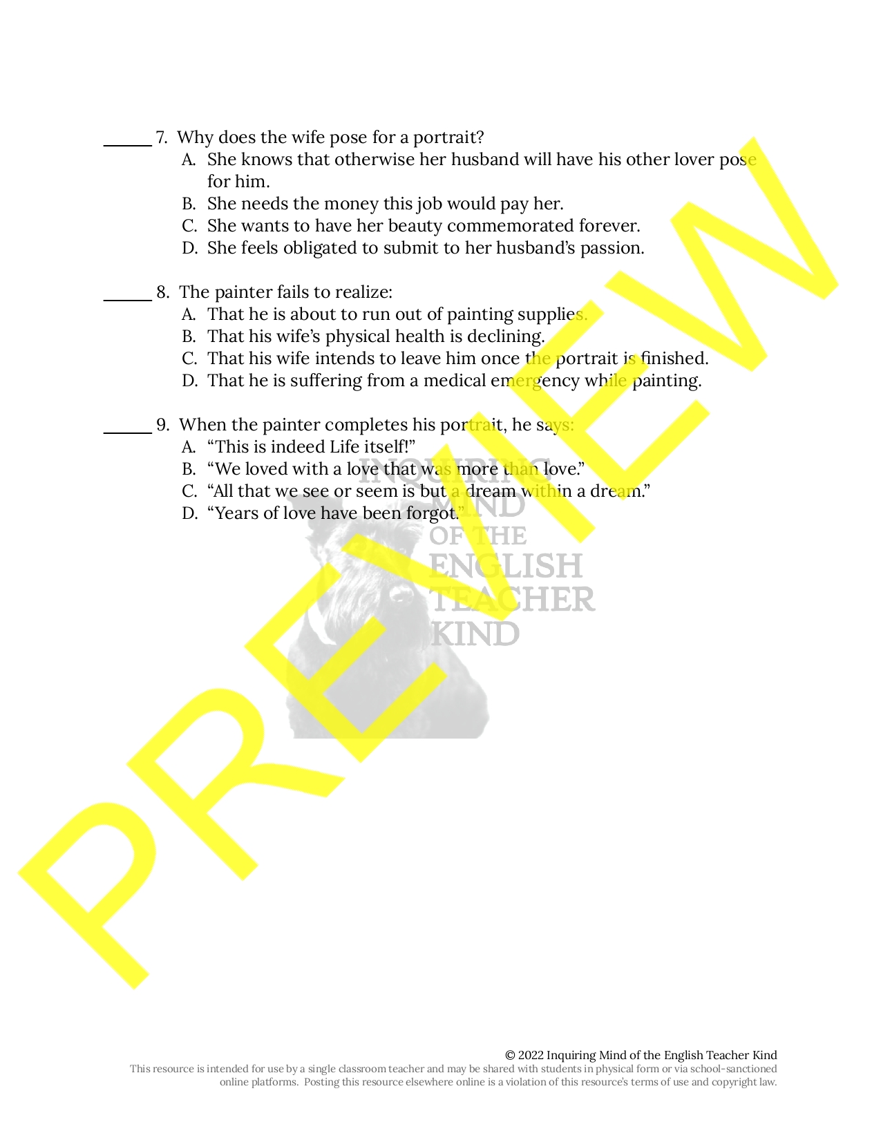 “The Oval Portrait” by Edgar Allan Poe Quiz and Answer Key | Teaching ...