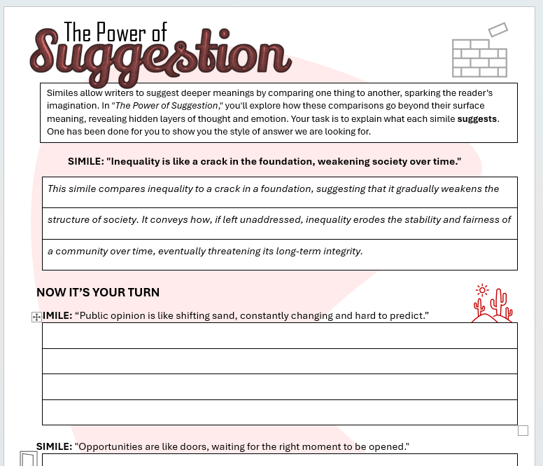 Explaining and Analysing Similes – 10 Do Now Worksheets for GCSE ...