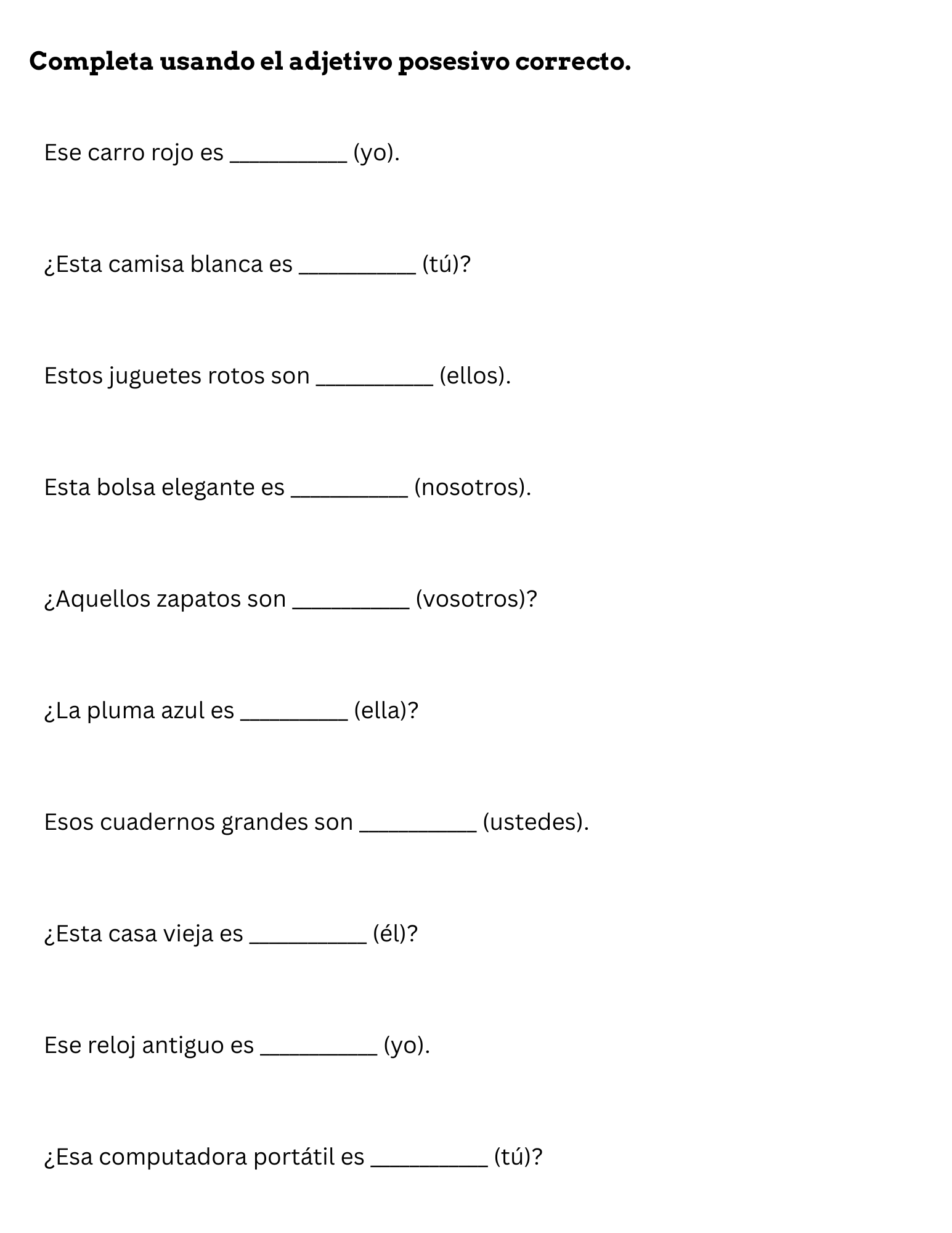 stressed possessive adjectives in spanish worksheet with answer key ...