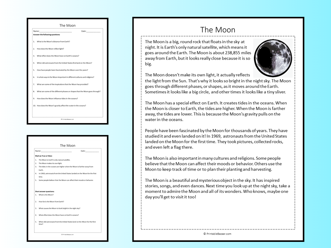 The Moon Reading Comprehension Passage Printable Worksheet | Teaching ...