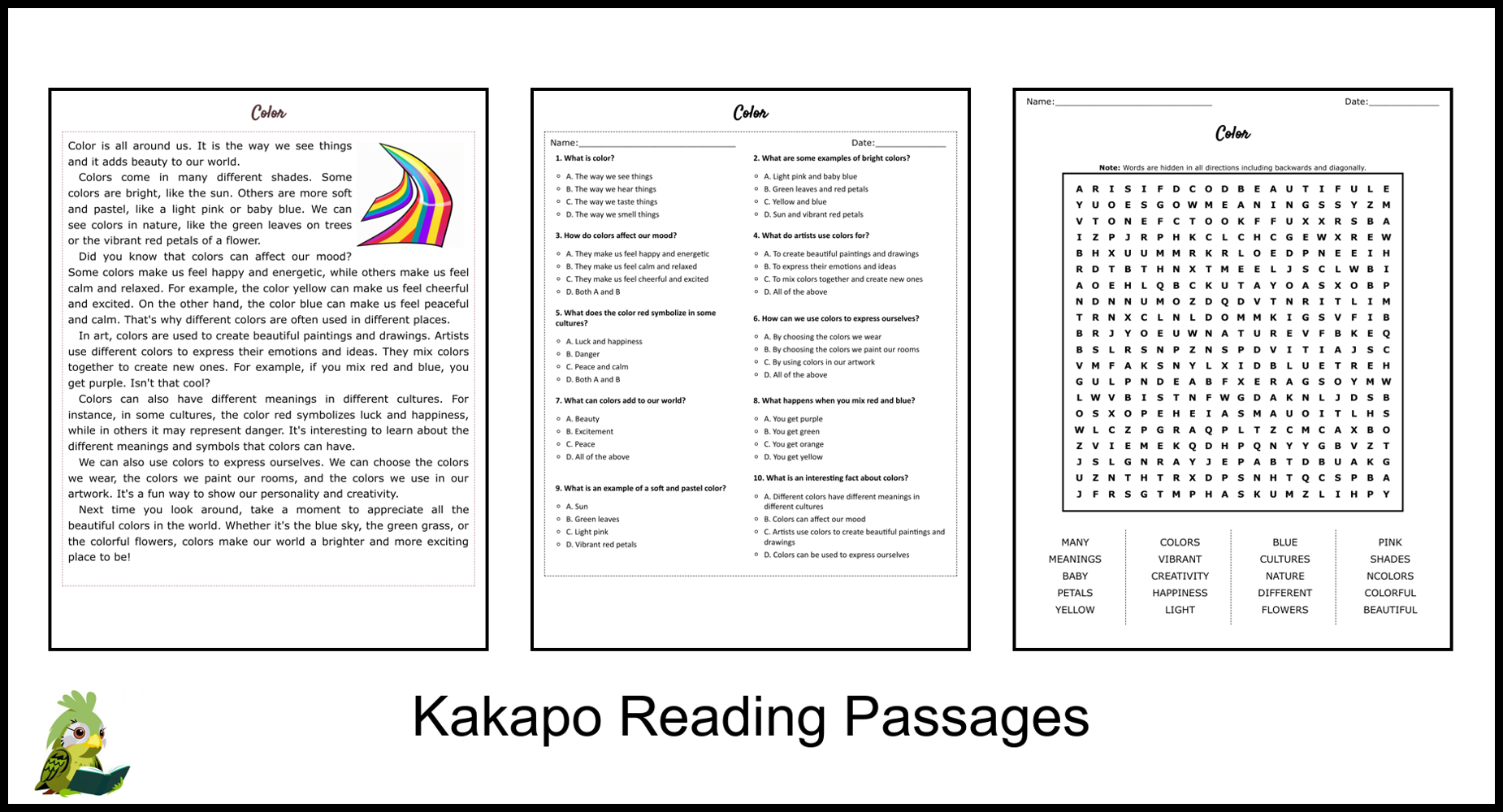 Color Reading Comprehension and Word Search | Teaching Resources