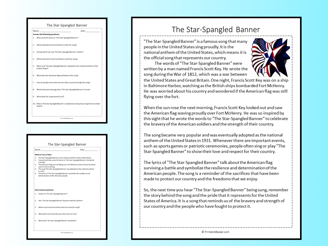 The Star-Spangled Banner Reading Comprehension Passage Printable ...