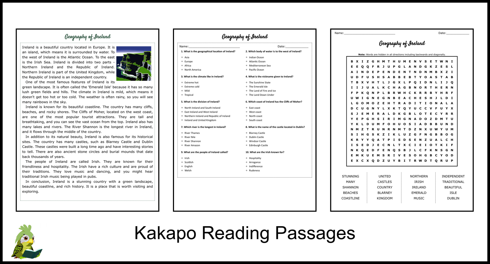 Geography of Ireland Reading Comprehension and Word Search | Teaching ...