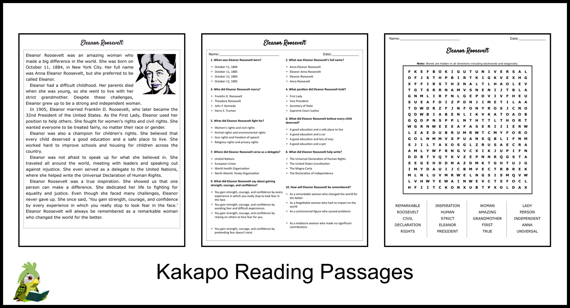 Eleanor Roosevelt Reading Comprehension and Word Search | Teaching ...