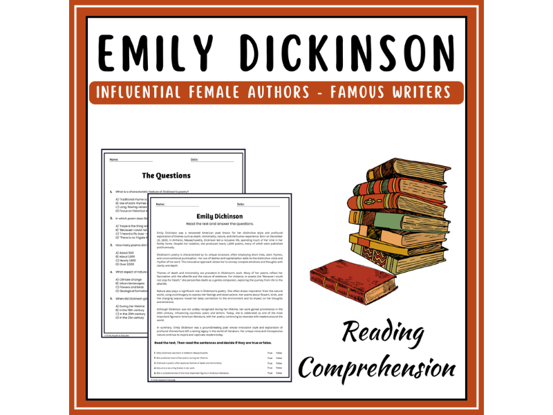 Emily Dickinson Reading Comprehension Passages & Questions Worksheets ...