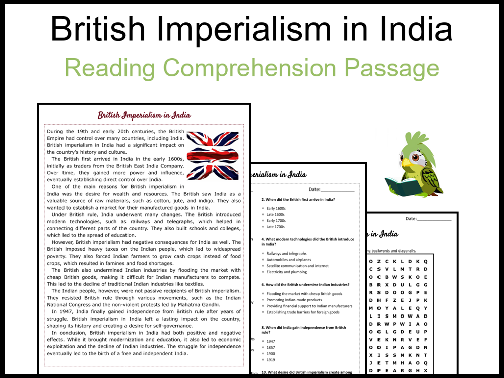 British Imperialism in India Reading Comprehension and Word Search ...